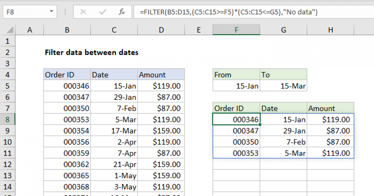Filter data between dates - Excel formula | Exceljet Filter data between dates - Excel formula | Exceljet